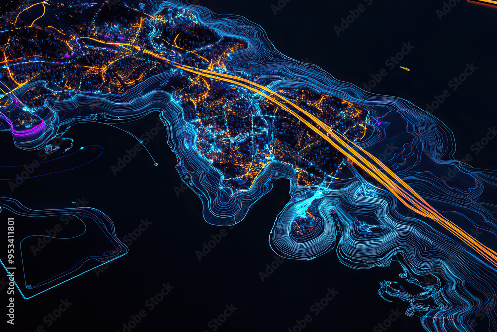 ภาพประกอบสต็อก Technical aerial visual, 3D LiDAR GIS aerial map ...