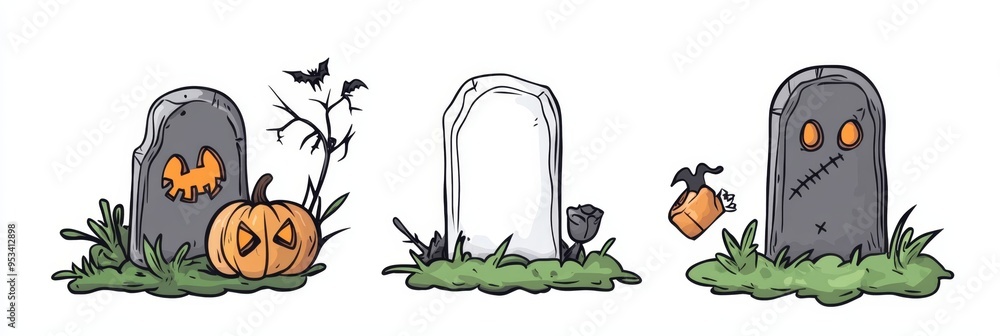 Cute Halloween tombstone clipart doodle illustration with pumpkins and ...
