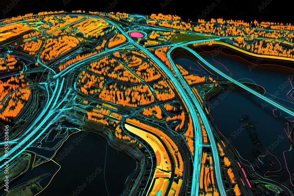Technical aerial visual, 3D LiDAR GIS aerial map satellite scan model ...