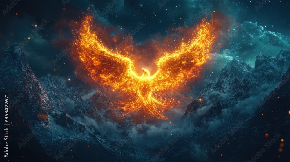 Resilience symbolized by a phoenix rising from ashes under a night sky ...