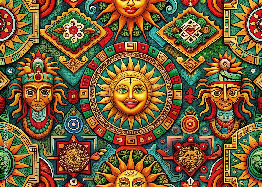 Vibrant, intricate Mesoamerican-inspired wallpaper featuring repeating ...