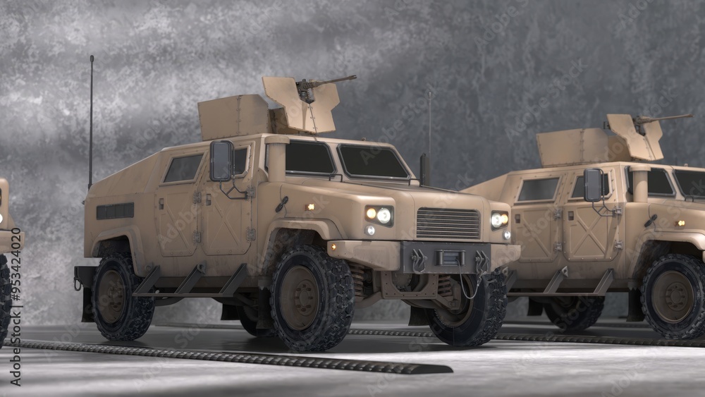 Multiple armored tactical vehicles equipped with turrets, parked ...