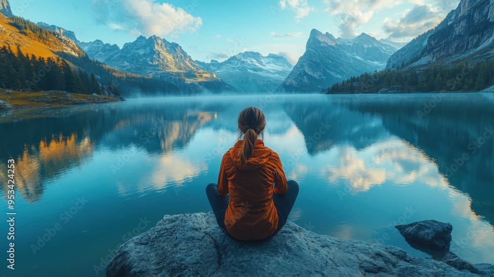 Reflection portrayed by a person looking into a calm lake and seeing ...