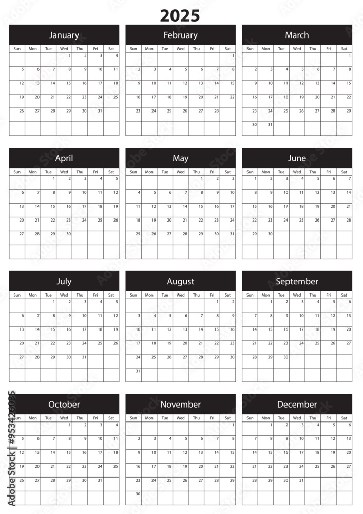 2025 Calendar Template. Vector calendar. Week starts sunday. Calendar ...