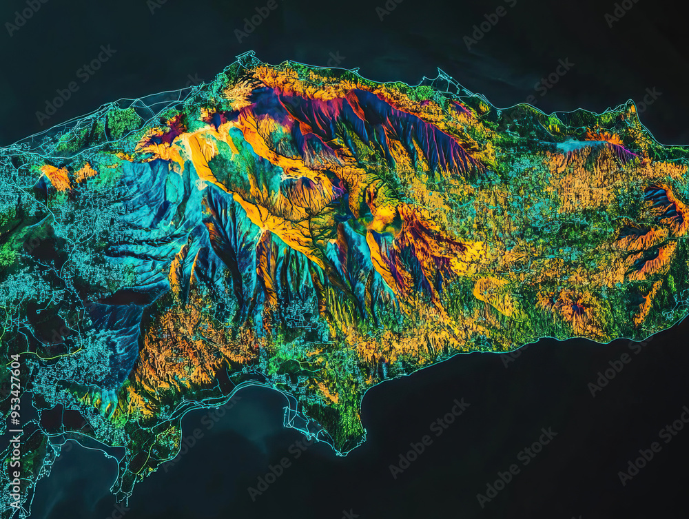 Technical aerial visual, 3D LiDAR GIS aerial map satellite scan model ...