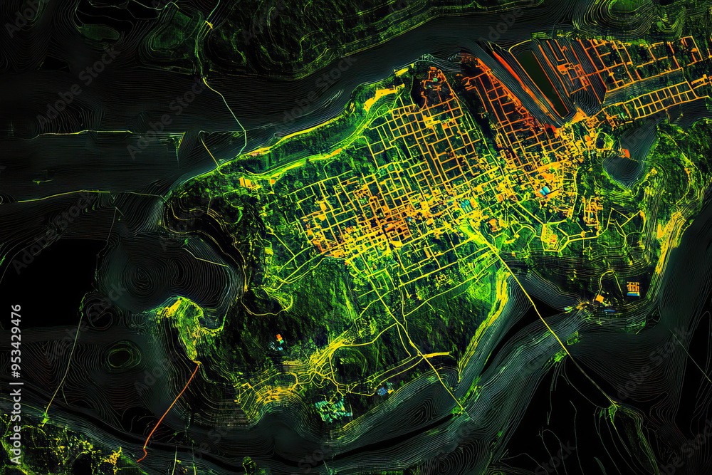 Technical aerial visual, 3D LiDAR GIS aerial map satellite scan model ...