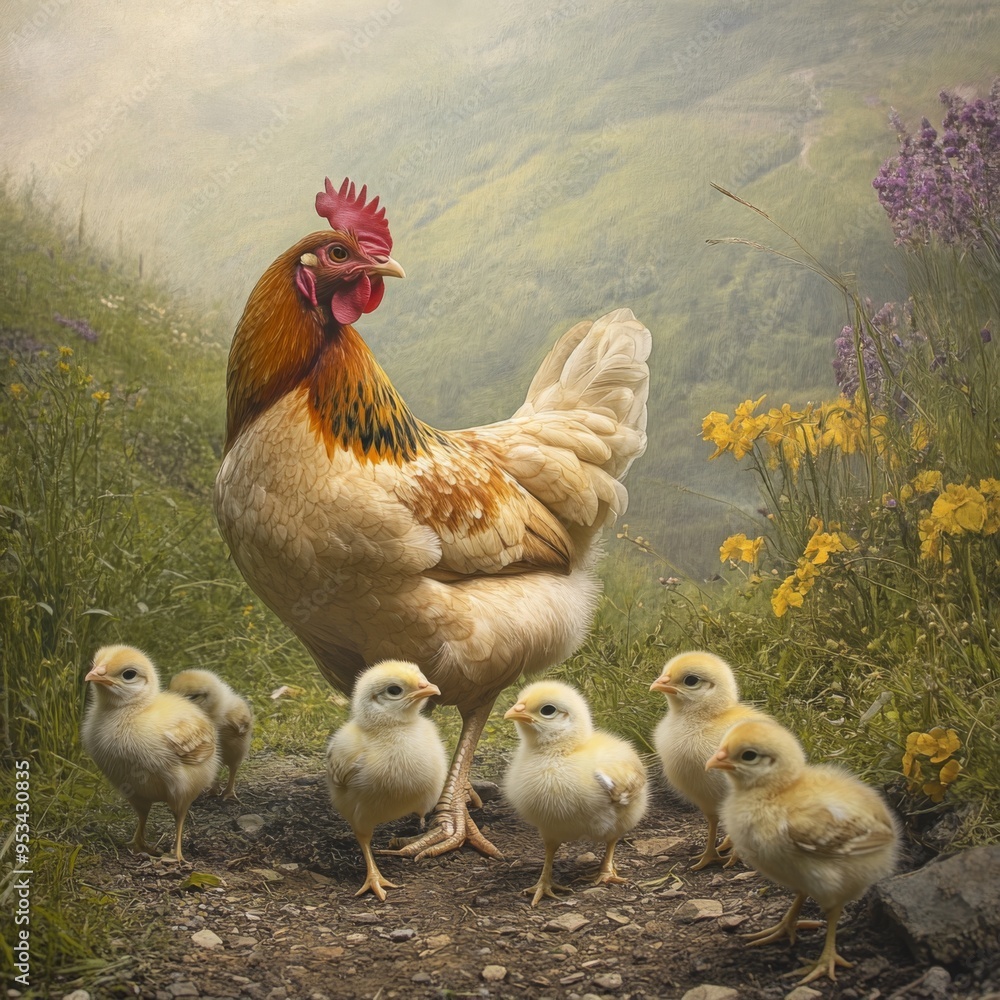 These prompts capture various aspects of a mother hen and her chicks ...