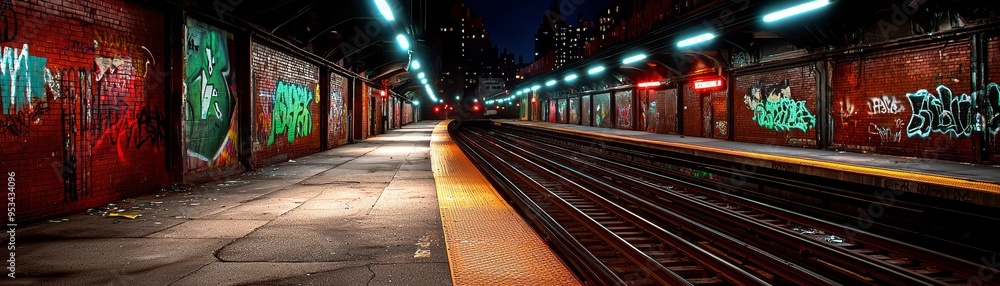 A post-apocalyptic subway station, with dimly lit tunnels, abandoned ...