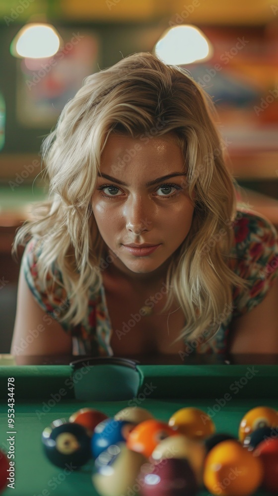 A serious blonde woman in a floral shirt leans on a pool table with ...