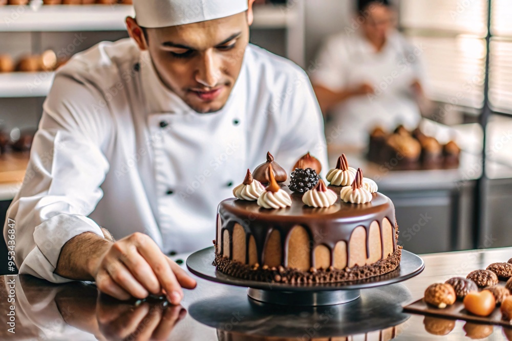 Master Baker Decorating a Delicious Chocolate Cake. A skilled pastry ...