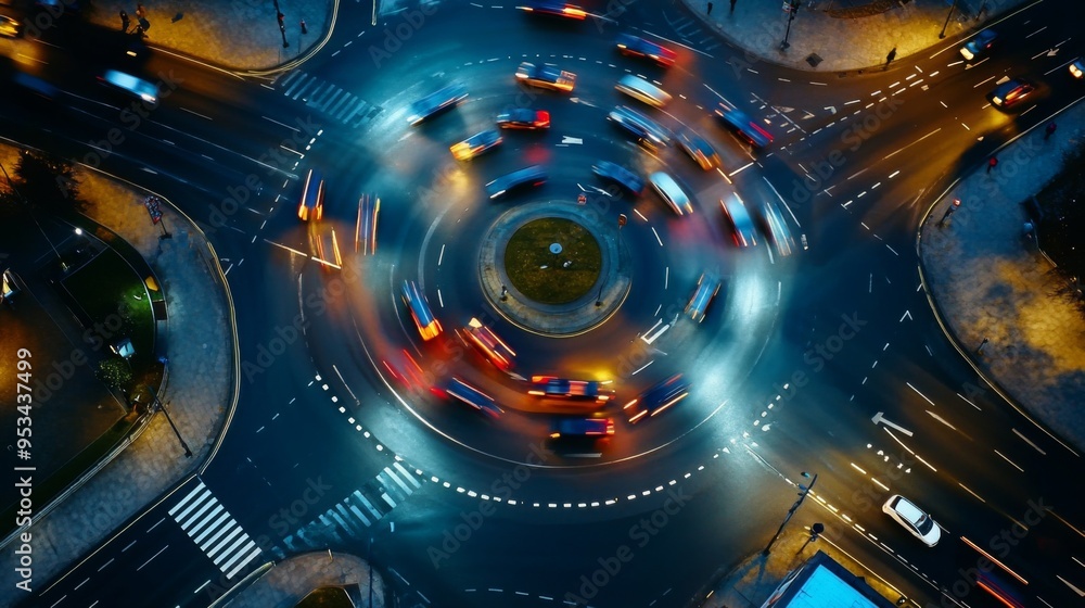 Traffic lights at a roundabout, with cars navigating the circle and ...