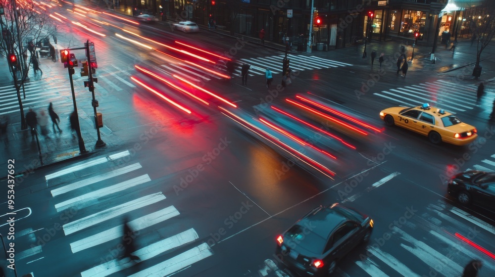 Traffic lights on a corner of a bustling city street, with pedestrians ...