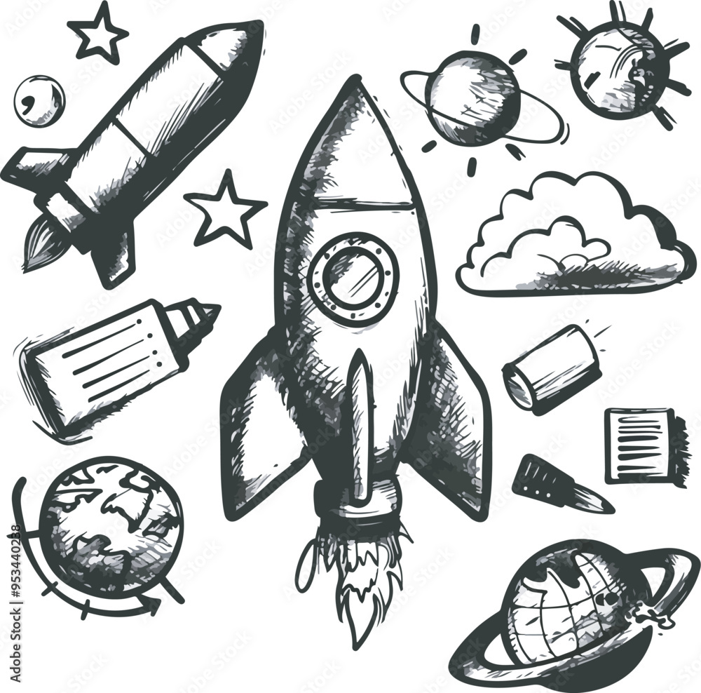 Charcoal doodle sketch of space objects including rocket spaceship ...