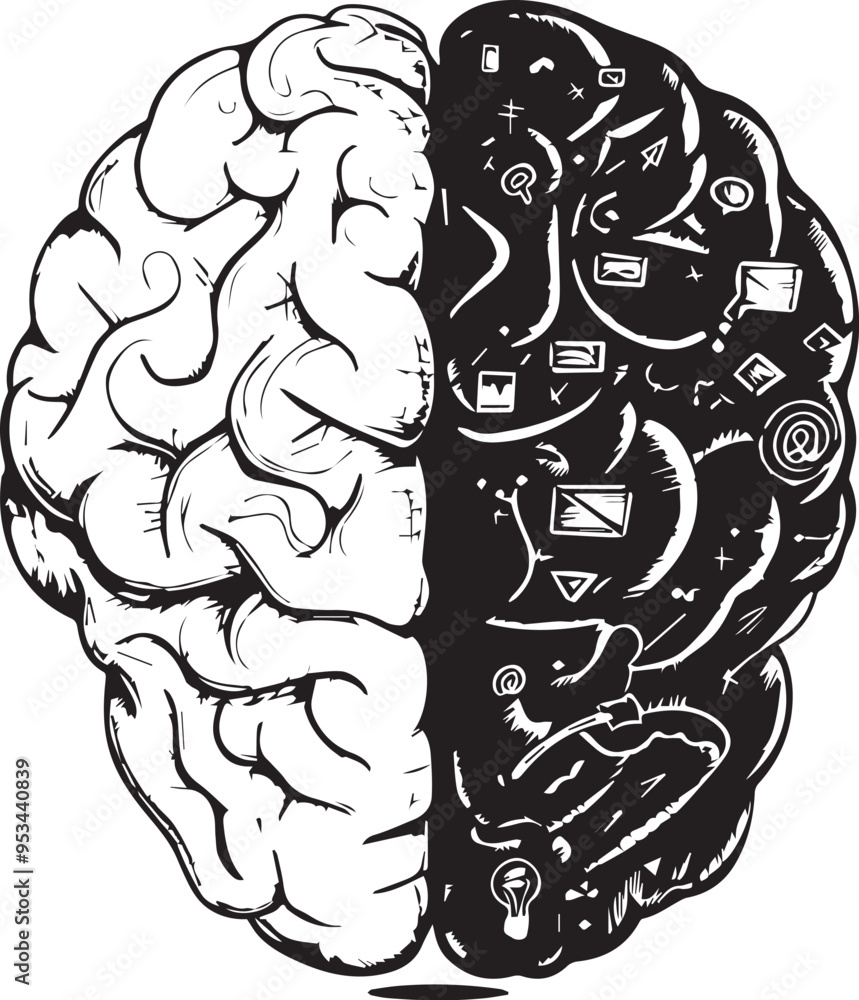 Charcoal doodle illustration of a human brain in depicting the contrast ...