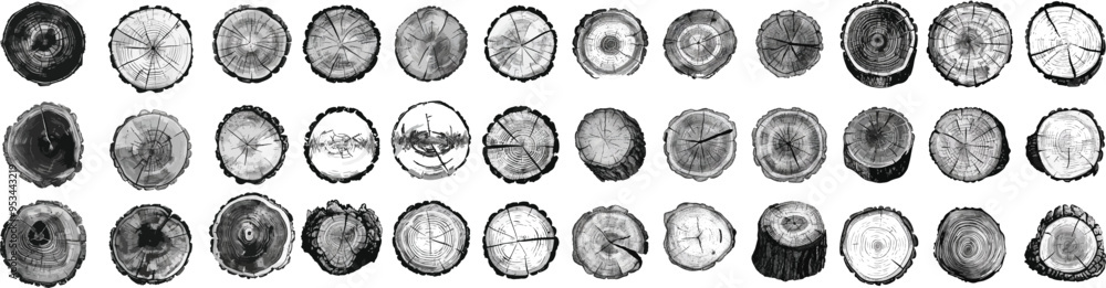 Large set of charcoal doodle scribbles tree rings cross sections in ...