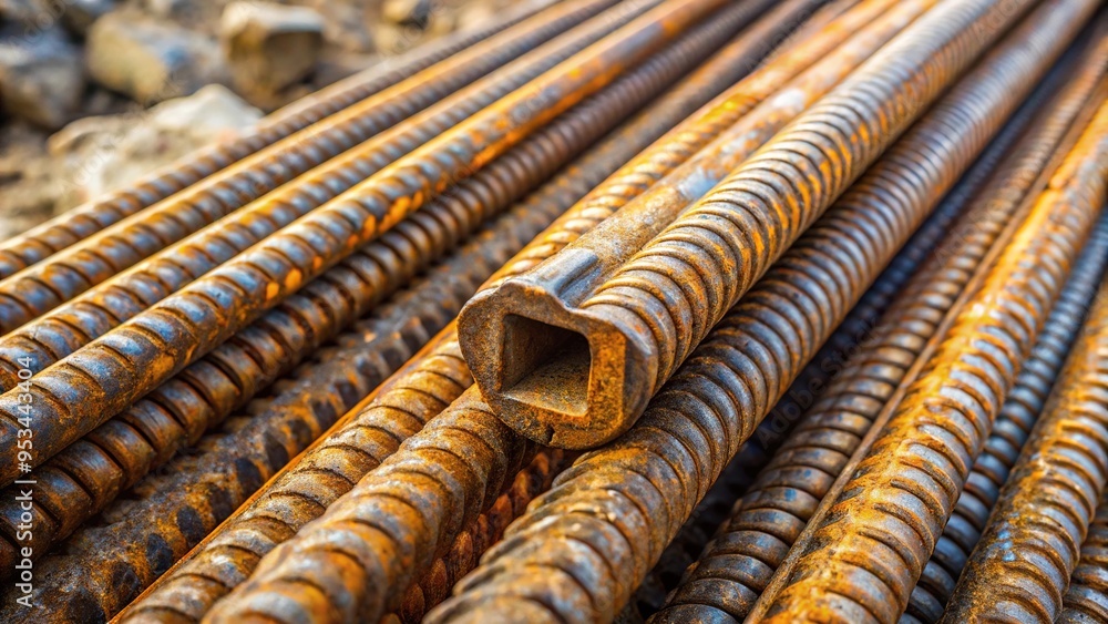 Close-up of iron bundle for making reinforcement concrete rebar with ...