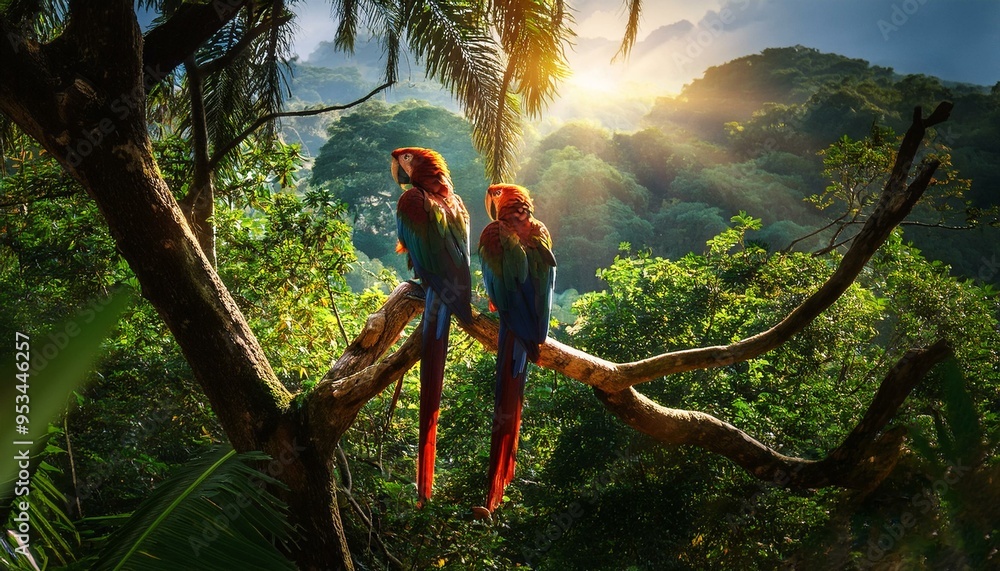 Dos loros, observan el mundo moverse a su alrededor desde las altas ...