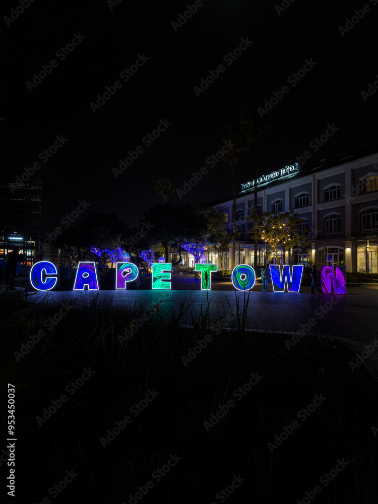 Illuminated Cape Town sign at the V and A Waterfront in Cape Town South ...
