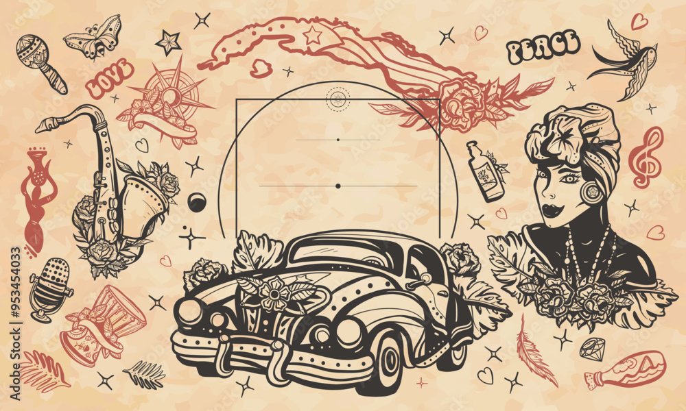 Cuba. Havana retro cars. Map, beautiful cuban woman, music. Old paper ...