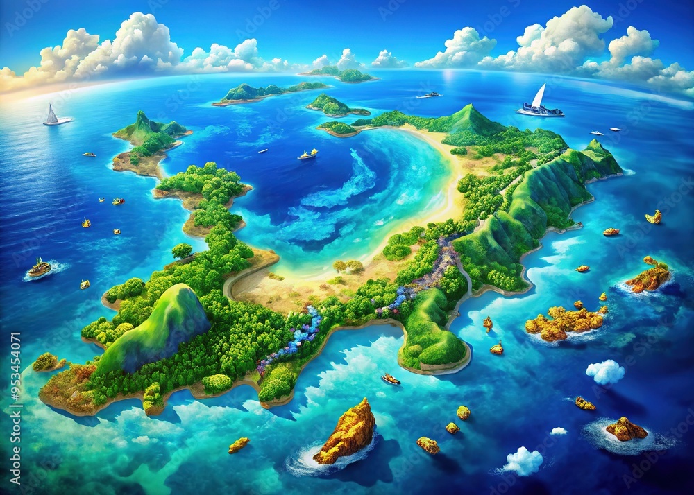 Vibrant illustration of Japan's Okinawa Islands, highlighting bright ...