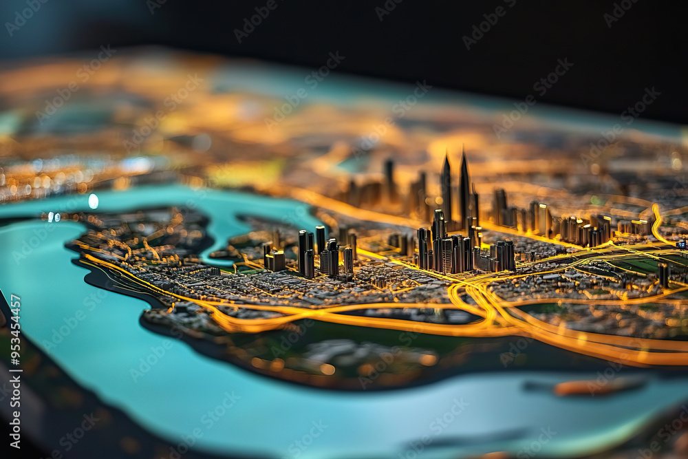 Technical aerial visual, 3D LiDAR GIS aerial map satellite scan model isolated, showing Dubai ...