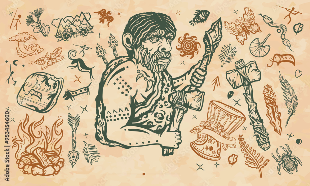 Stone age frame. Cave man neanderthal, hunting mammoth. Old paper ...