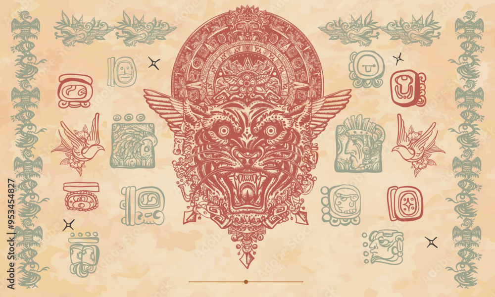 Tiger head and mayan sun calendar. Wild cat totem, jungle art. Old ...