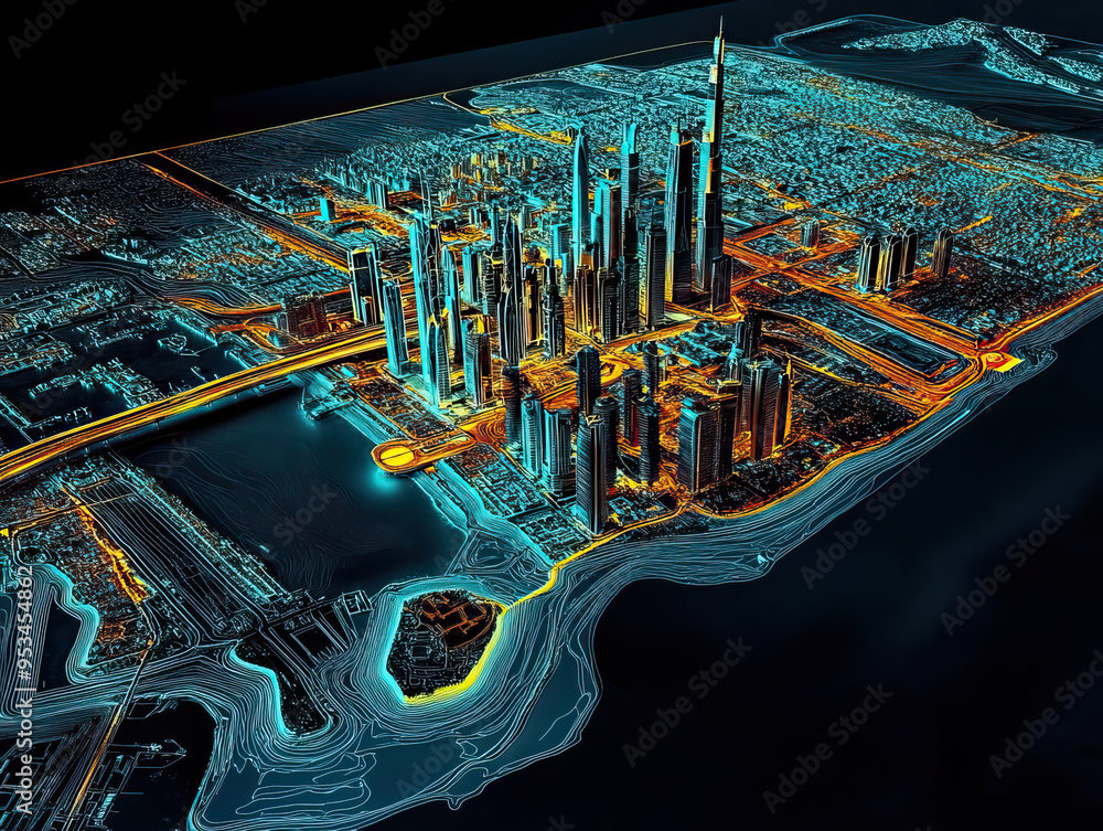 Technical aerial visual, 3D LiDAR GIS aerial map satellite scan model ...