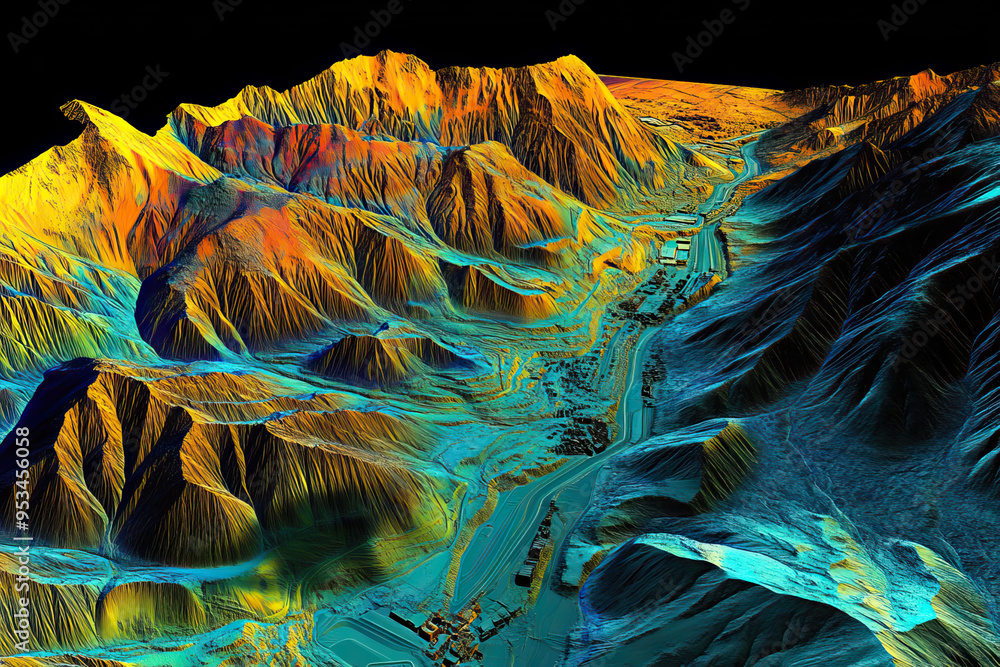 Technical aerial visual, 3D LiDAR GIS aerial map satellite scan model ...