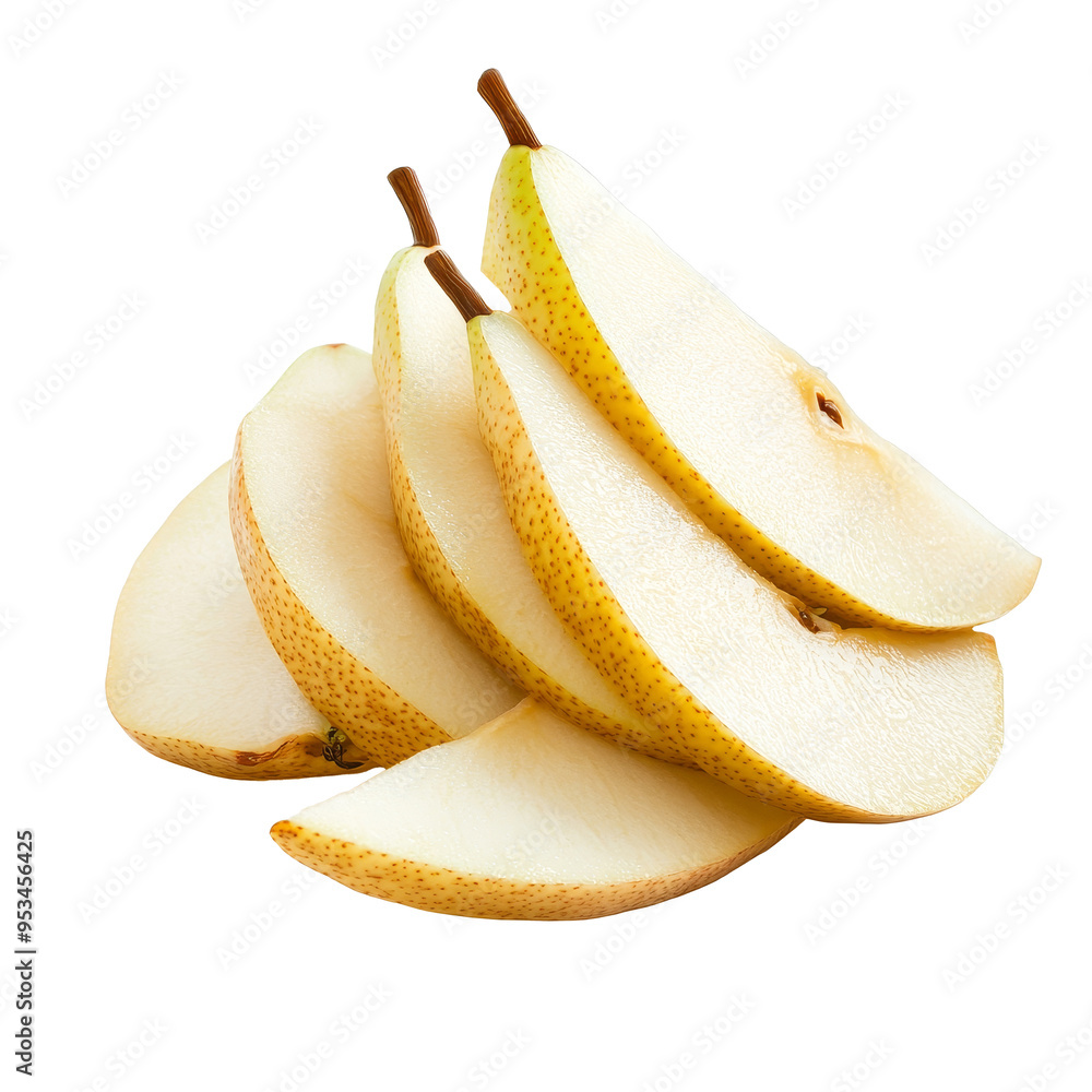 Fresh slices of ripe pears are arranged on a clean transparent ...