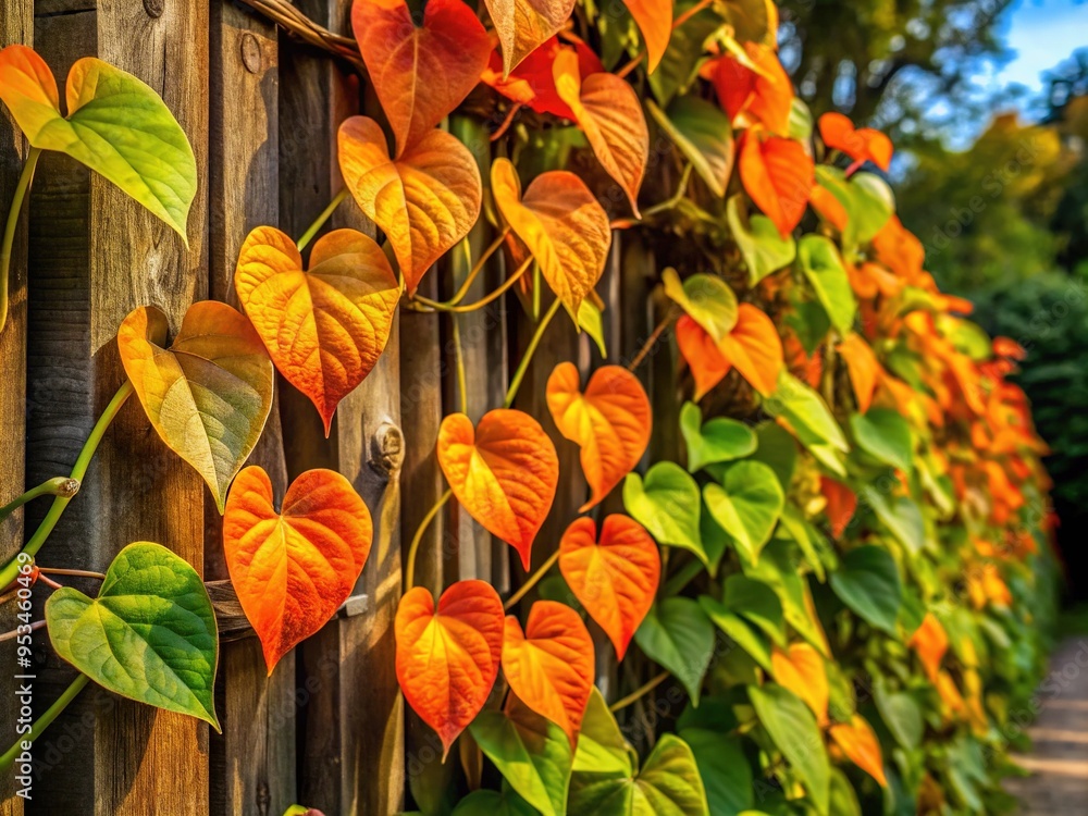 Vibrant orange Large-leaf Wild Yam vine sprawls across a rustic wooden ...