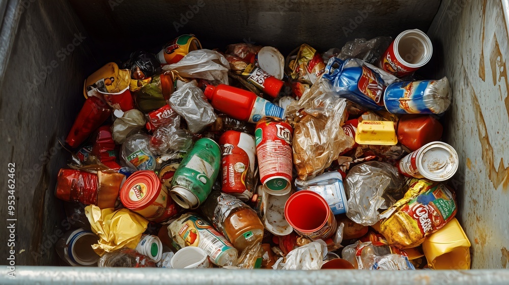 Close-up dirty trash container full of empty aluminum crumpled tin cans ...