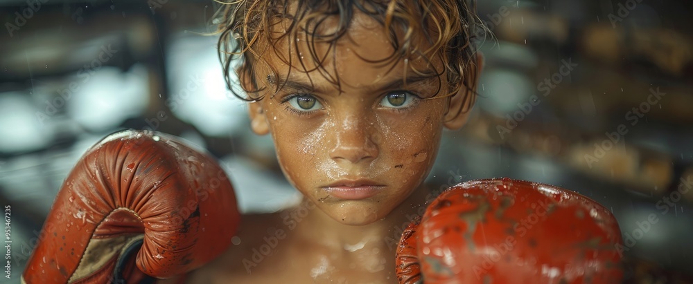 In a vintage style, a young boxer in gloves confidently confronts the ...