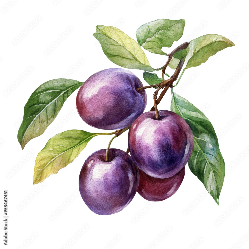 The artwork features a cluster of ripe plums with rich hues and glossy ...