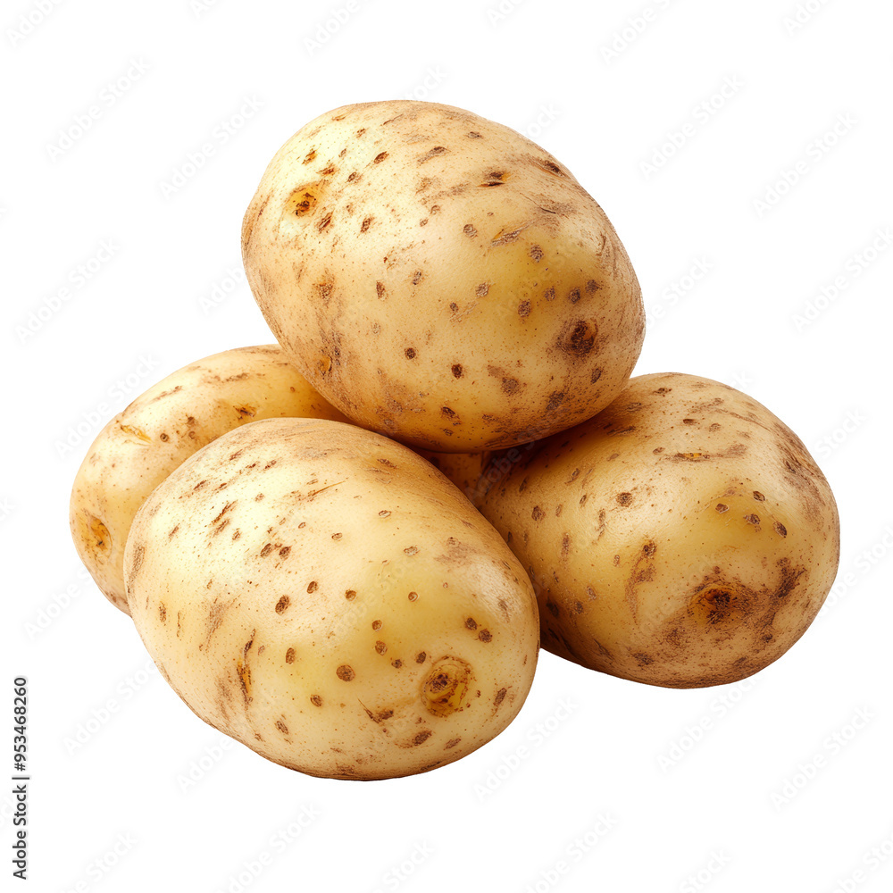 Fresh, unpeeled potatoes are stacked together, displaying their earthy ...