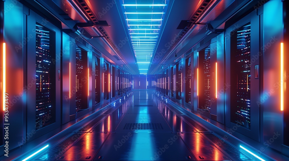 Futuristic data center with multiple rows of sleek, illuminated server racks in a high-tech ...