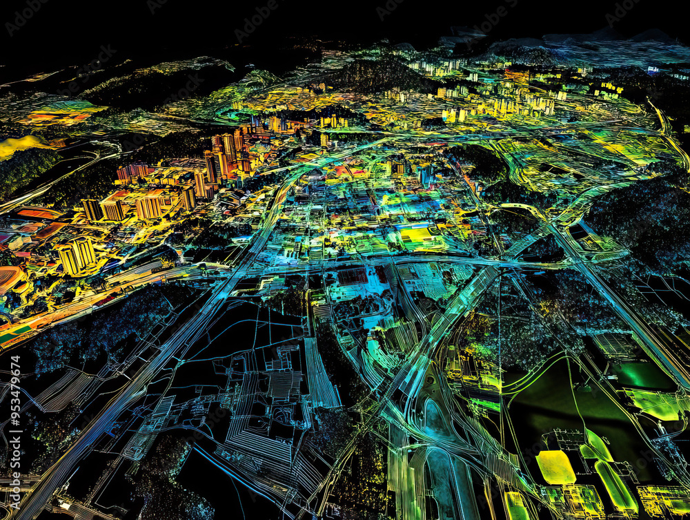 Technical aerial visual, 3D LiDAR GIS aerial map satellite scan model ...