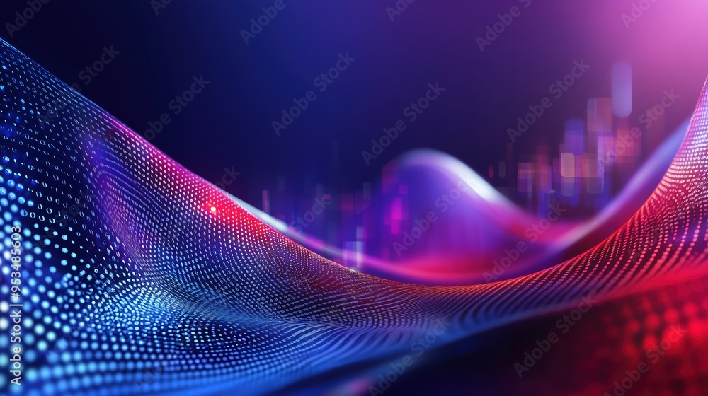 Curved wave of pixelated data in a grid pattern with glowing blue and ...