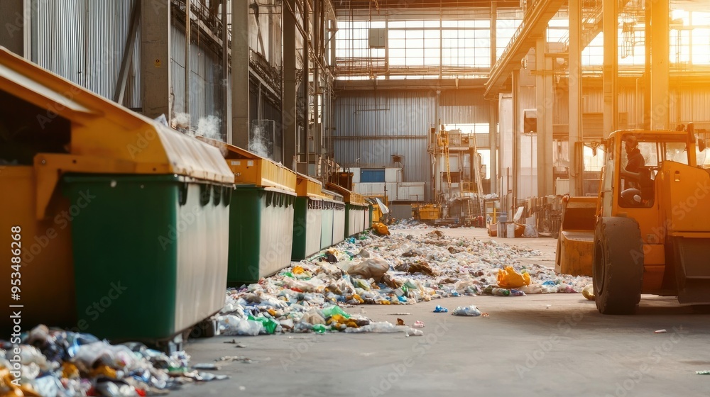 Aerial view of an industrial waste management facility with heavy ...