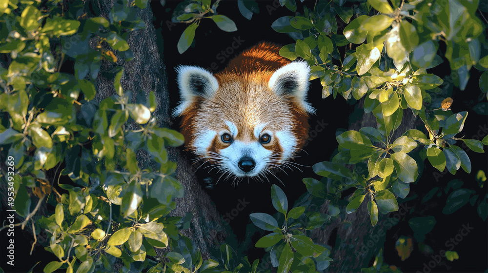 Endangered Red Panda climbing gracefully among branches of an oak tree ...