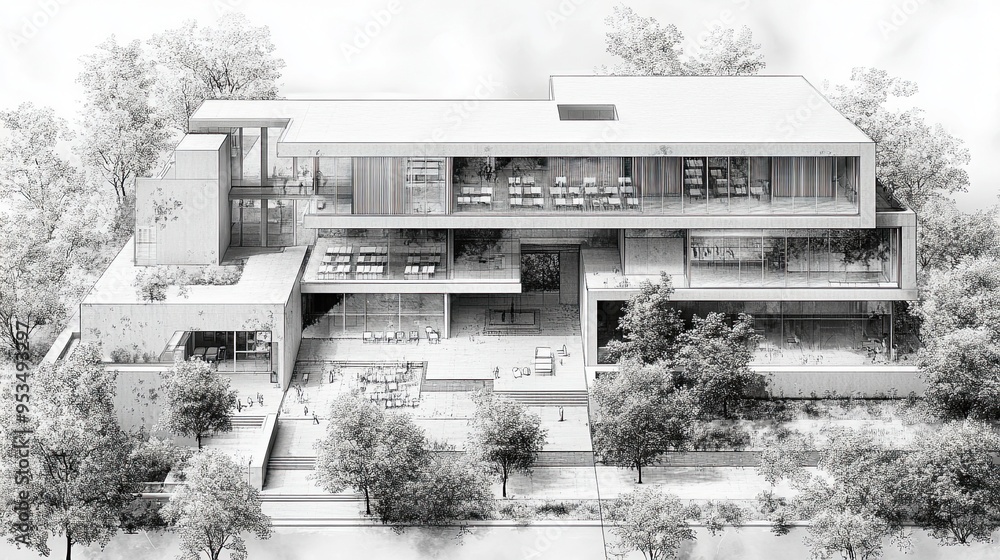 Architectural plan of a school building, including classrooms ...