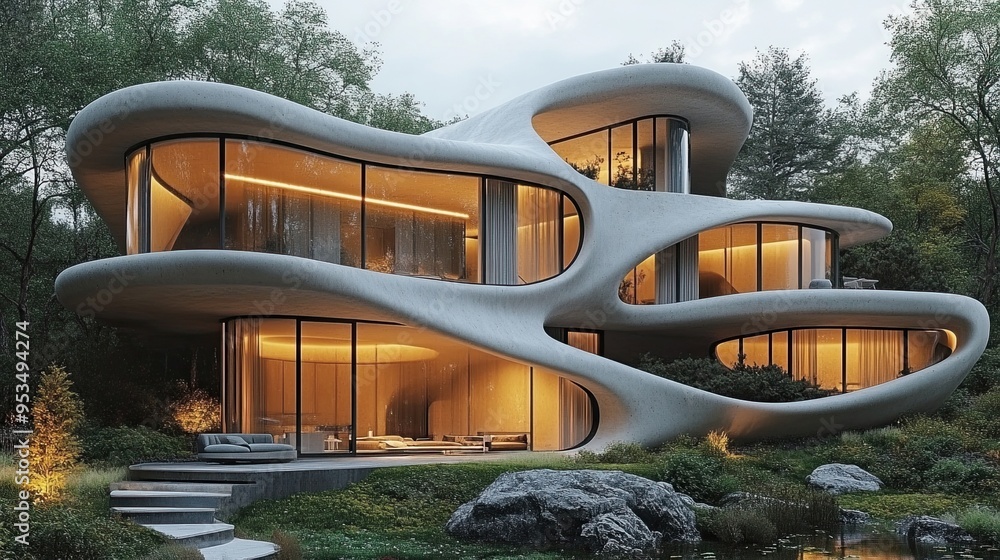 Artistic architectural design with fluid forms, contrasting textures ...