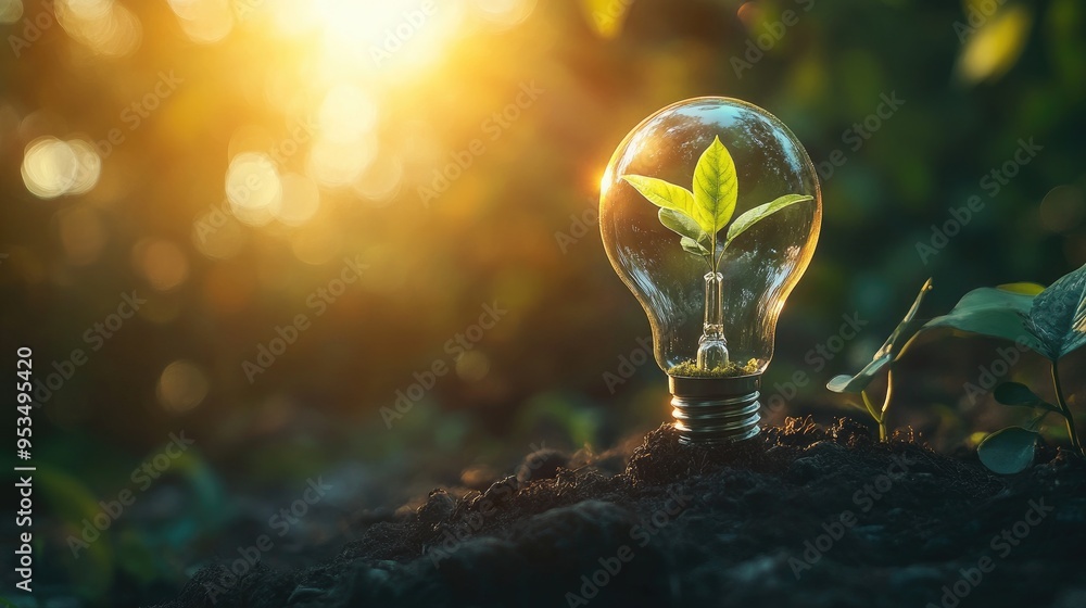 Conceptual image of a light bulb with a green plant growing inside, symbolizing eco-friendly ...