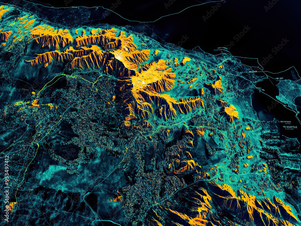 Technical aerial visual, 3D LiDAR GIS aerial map satellite scan model ...