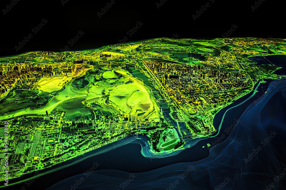 Technical aerial visual, 3D LiDAR GIS aerial map satellite scan model ...