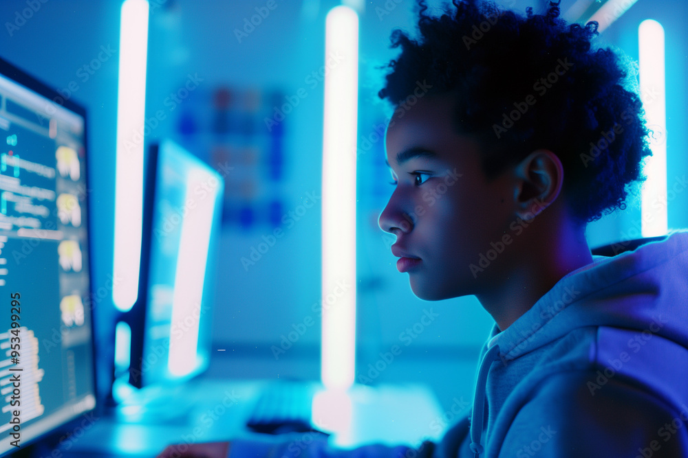 Teenage school student working on computer using AI artificial ...