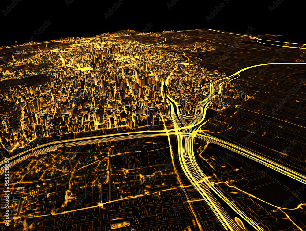 Technical aerial visual, 3D LiDAR GIS aerial map satellite scan model ...