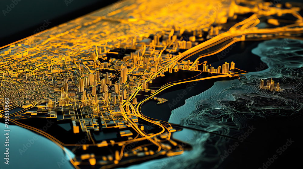 Technical aerial visual, 3D LiDAR GIS aerial map satellite scan model ...