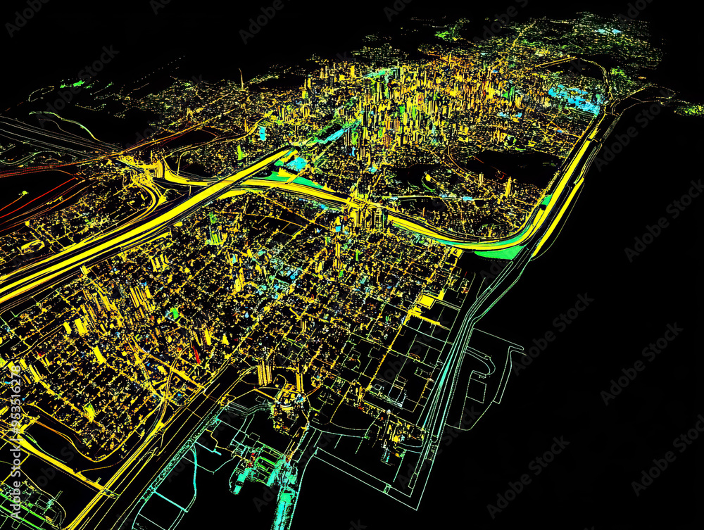 Technical aerial visual, 3D LiDAR GIS aerial map satellite scan model ...