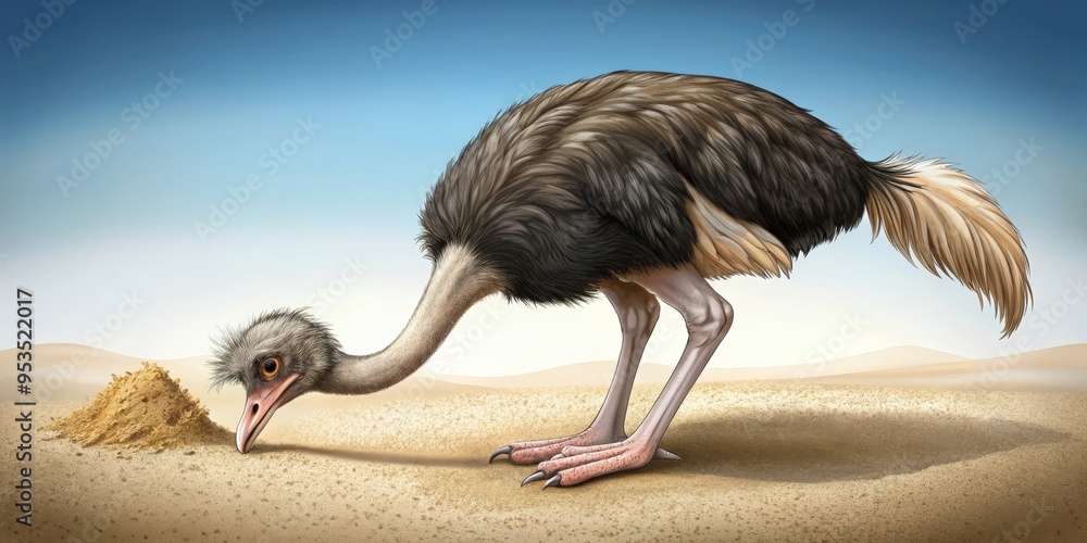 Scared ostrich burying its head in sand, ostrich, fear, hiding, sand ...